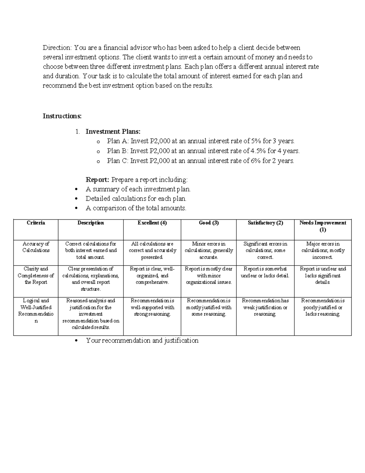 Busfin TG5 PETA - activity - Direction: You are a financial advisor who ...