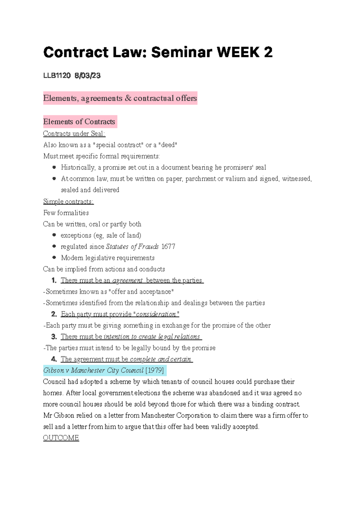 WEEK 2 - Contract Law: Seminar WEEK 2 LLB 1120 8/03/ Elements, agreements & contractual offers ...