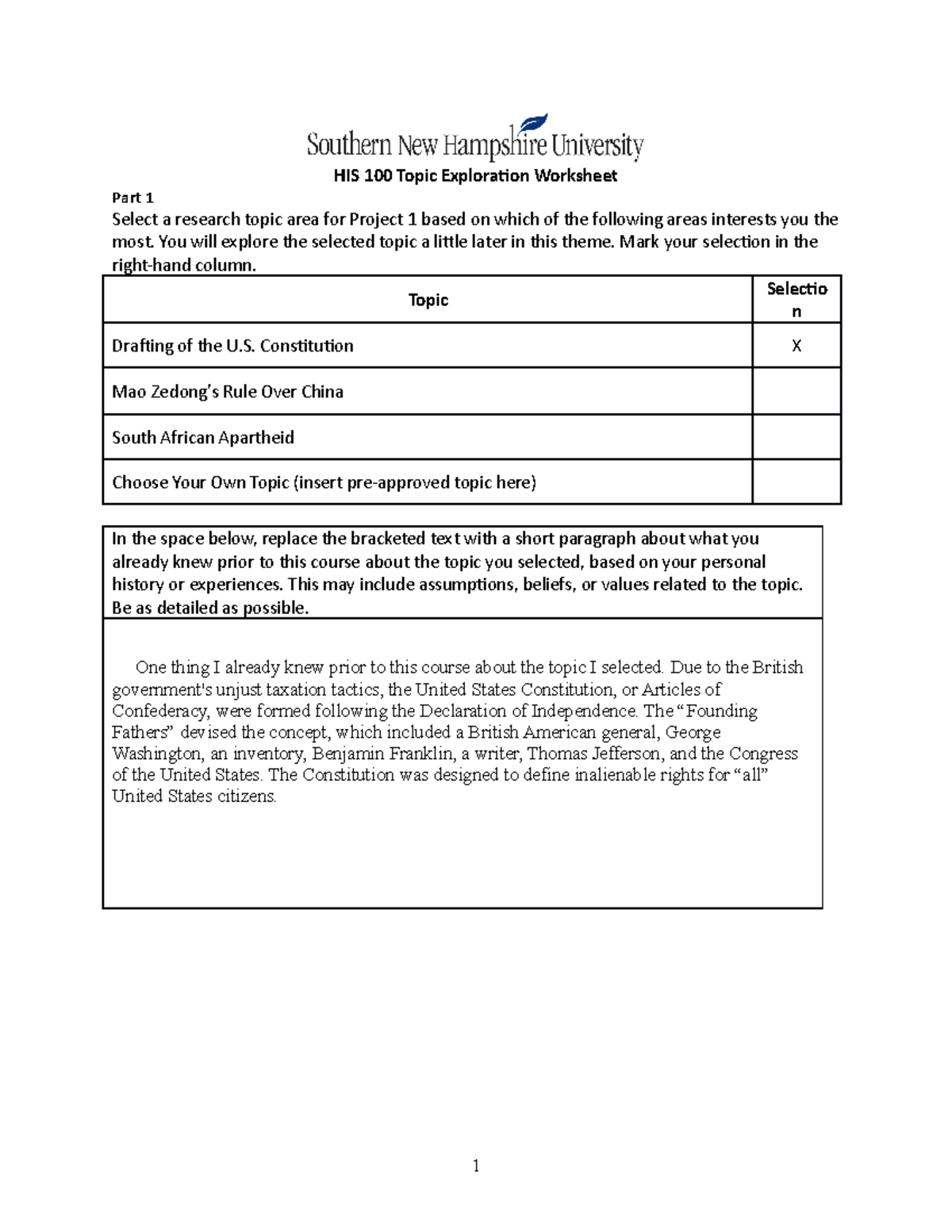 HIS 100 Topic Exploration Worksheet - HIS100 - SNHU - Studocu