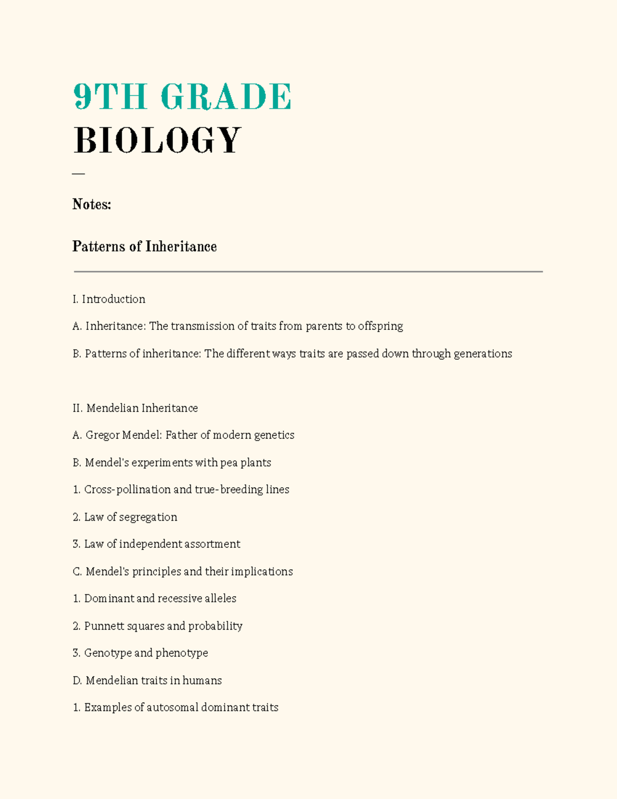 Patterns of Inheritance - 9TH GRADE BIOLOGY ___ Notes: Patterns of ...