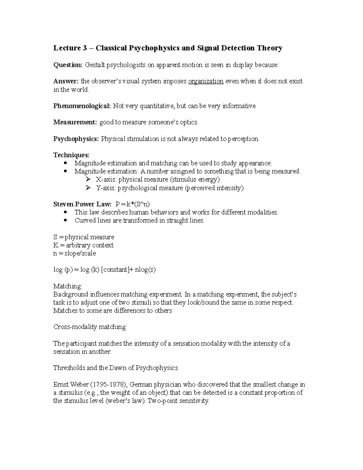 Week 2 - Lecture notes 2 - Lecture 3 – Classical Psychophysics and ...