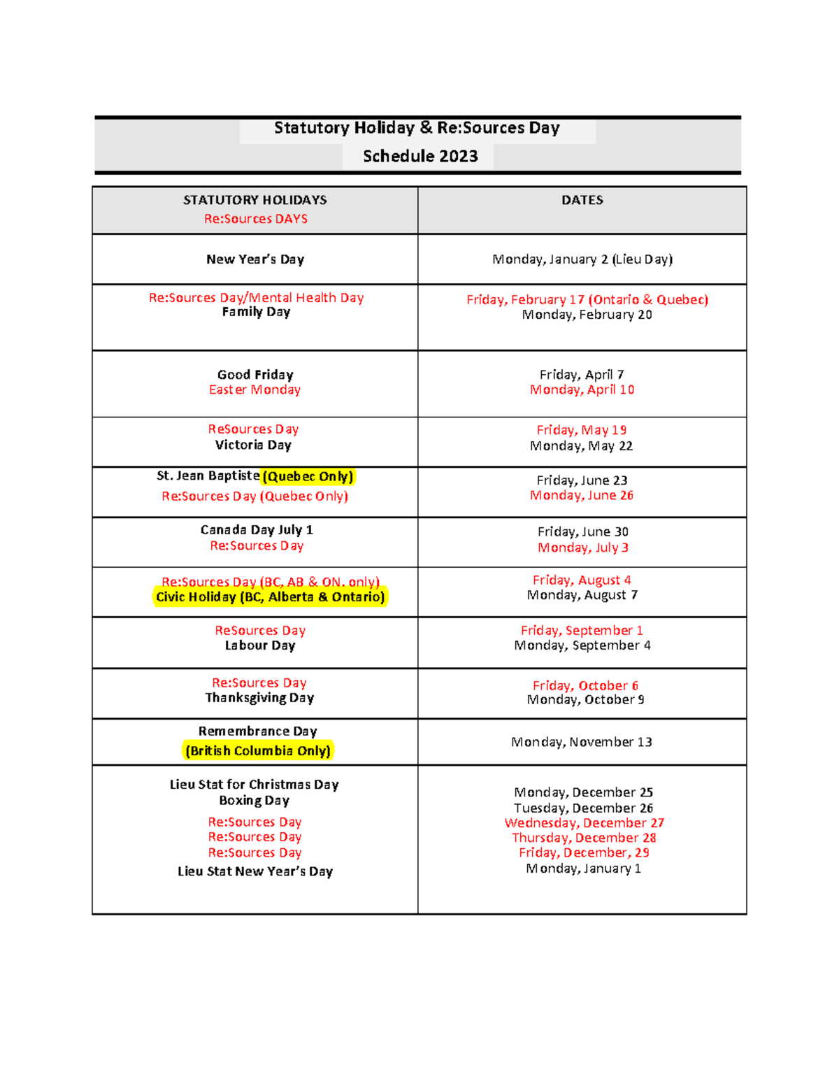 2023-Re Sources Days and Statutory Holidays - Statutory Holiday & Re ...