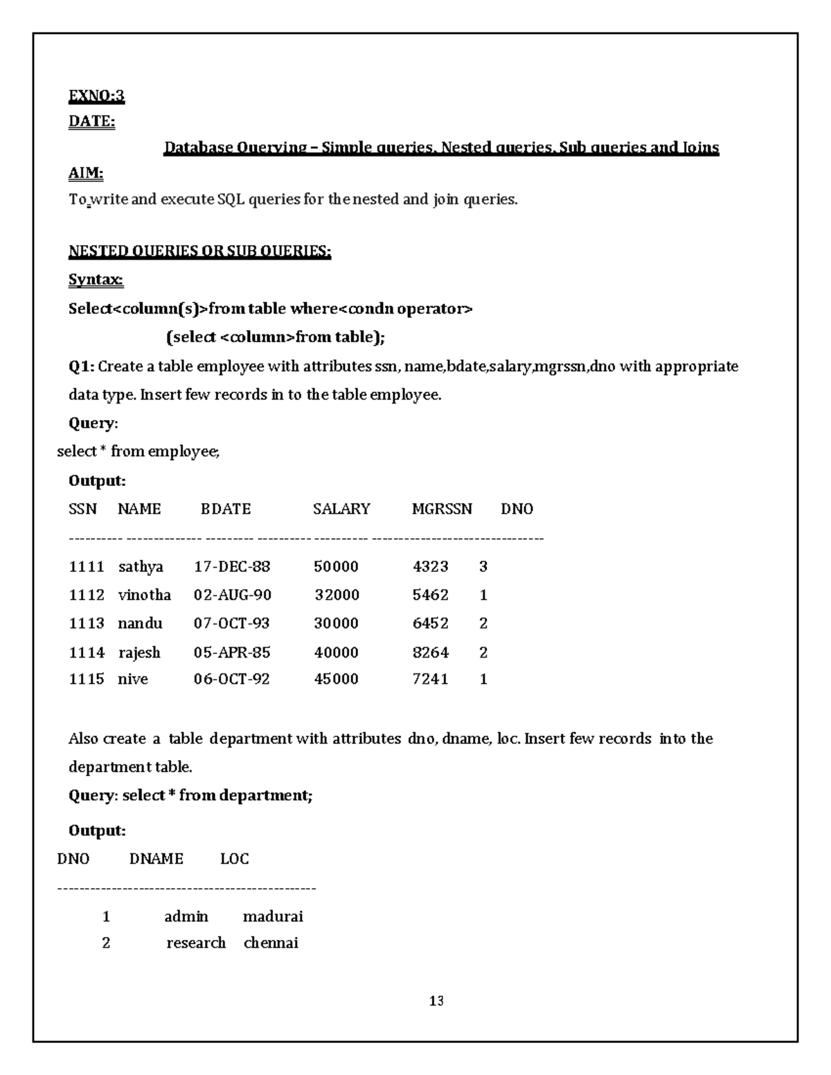Dbms Ex No 4 Exno 3 Date Aim Database Querying Simple Queries Nested Queries Sub 2223