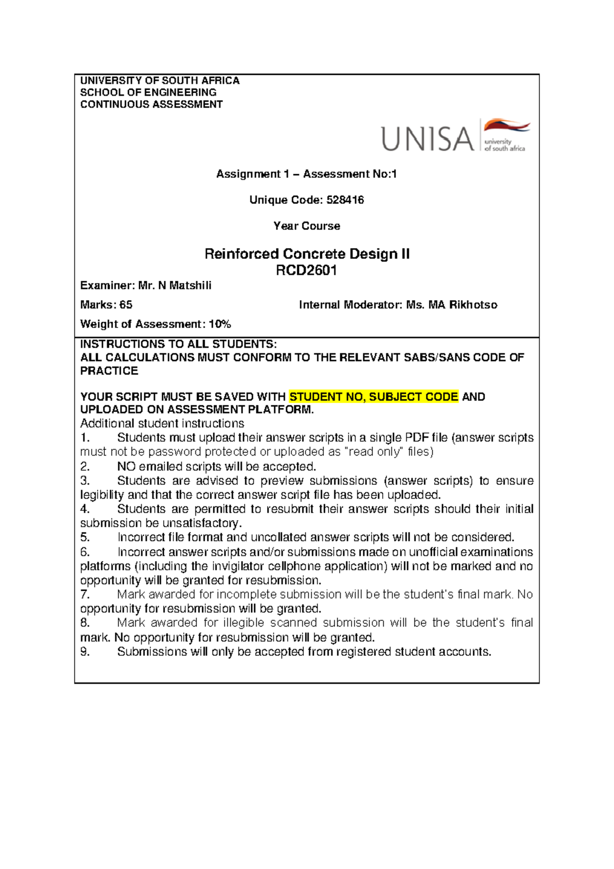 RCD2601 0 Assignment 1 2024 - UNIVERSITY OF SOUTH AFRICA SCHOOL OF ...