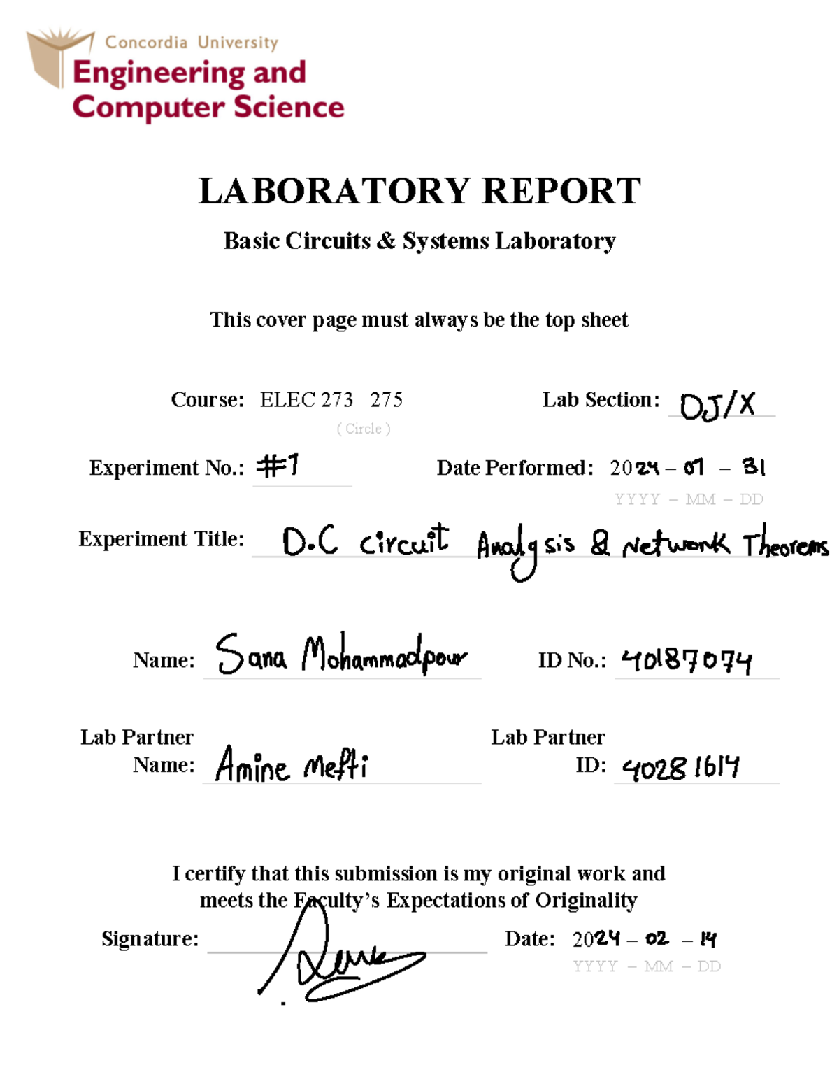 Elec 273 lab1 report - LABORATORY REPORT Basic Circuits & Systems ...