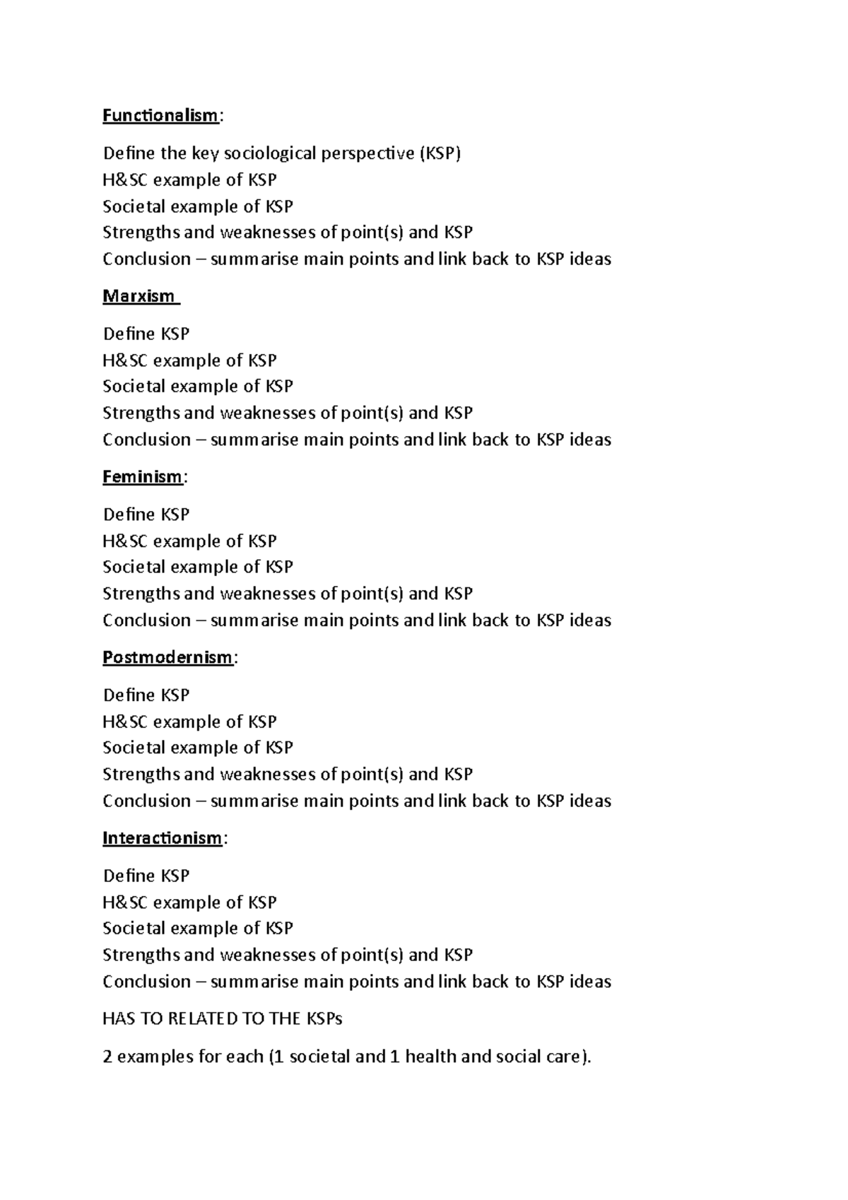 U10 Task 1 Hint Sheet - Functionalism: Define the key sociological perspective (KSP) H&SC - Studocu