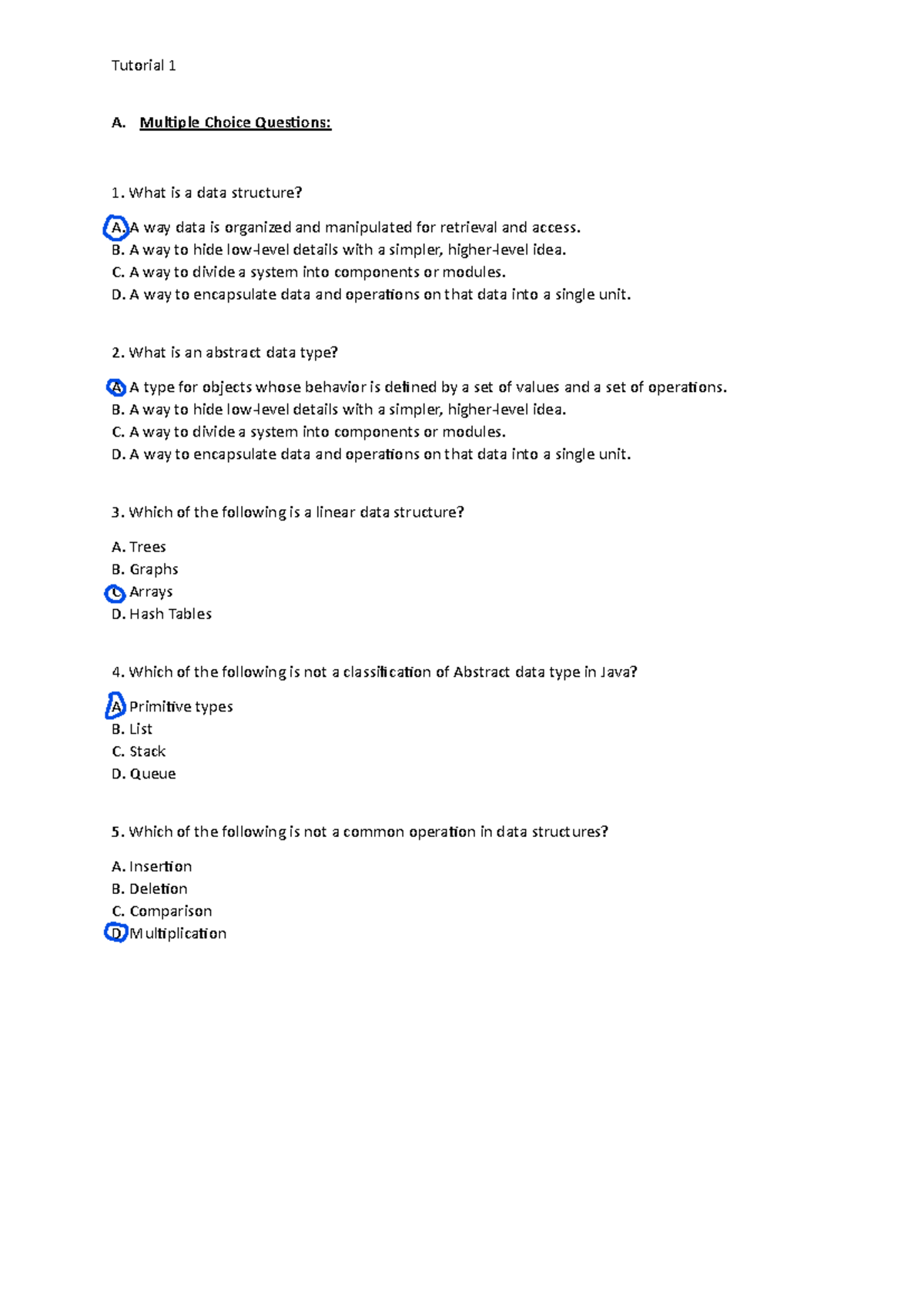 Tutorial 1 - mcq questions - Tutorial 1 A. Multiple Choice Questions ...