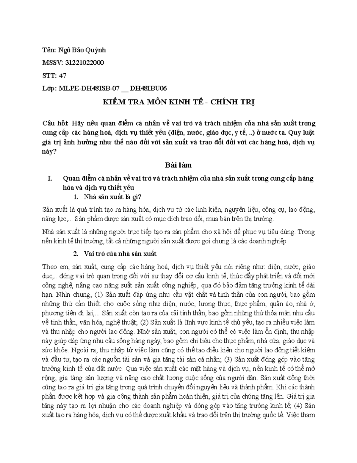 KIỂM TRA MÔN KTCT - Bài midterm KTCT ISB - Tên: Ngô Bảo Quỳnh MSSV ...