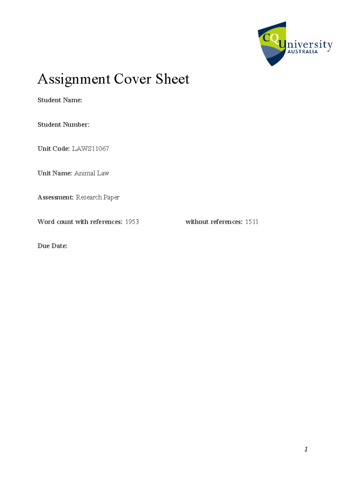 Research Paper Animal Law - Assignment Cover Sheet Student Name ...