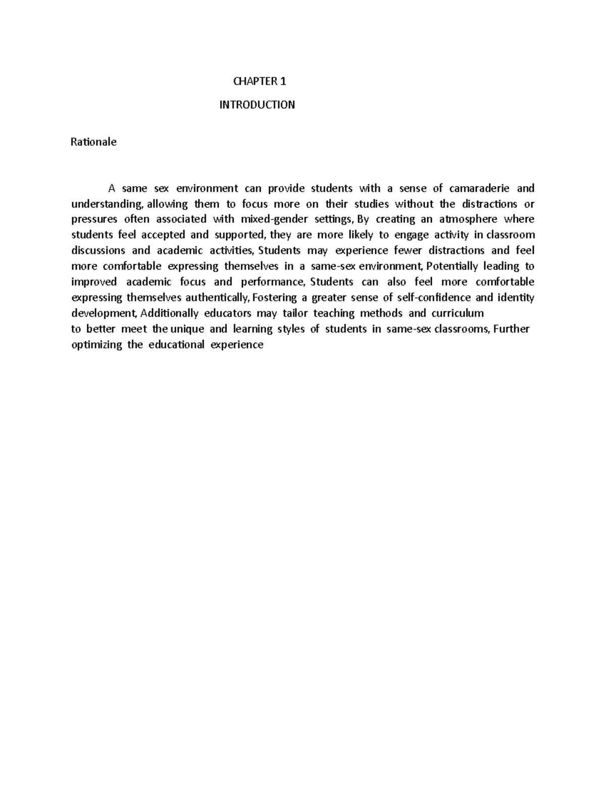 987 - notes - CHAPTER 1 INTRODUCTION Rationale A same sex environment ...