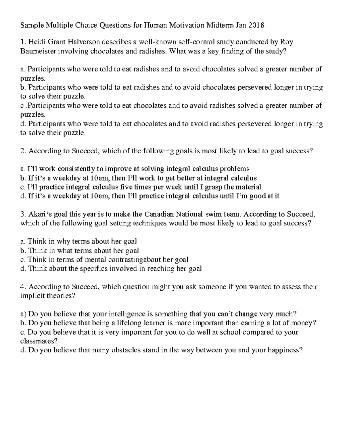 Sample Multiple Choice Questions for Human Motivation Midterm Jan 2018 ...