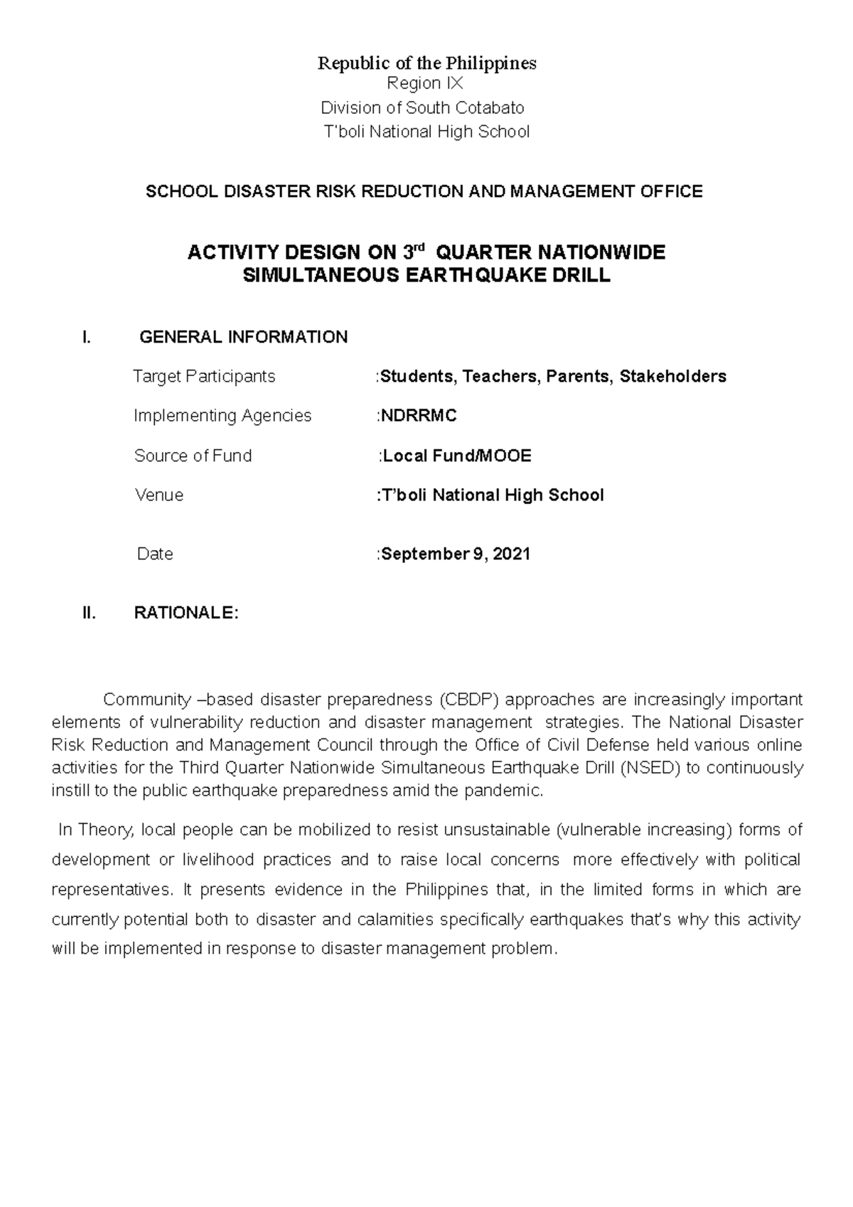 3rd q nsed activity design - Republic of the Philippines Region IX ...