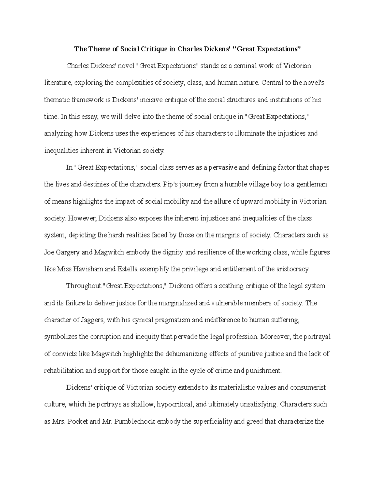 The Theme of Social Critique in Charles Dickens' Great Expectations ...