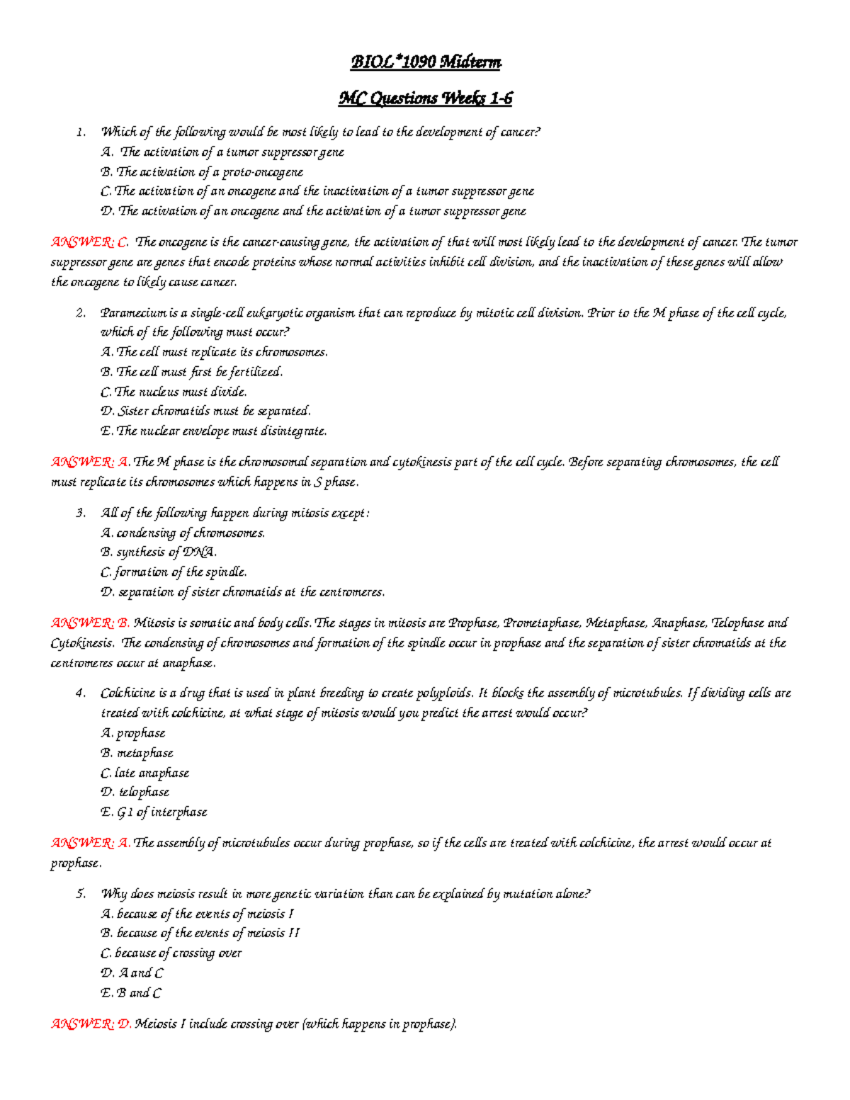 Midterm Review Questions - BIOL*1090 Midterm MC Questions Weeks 1- 1 ...