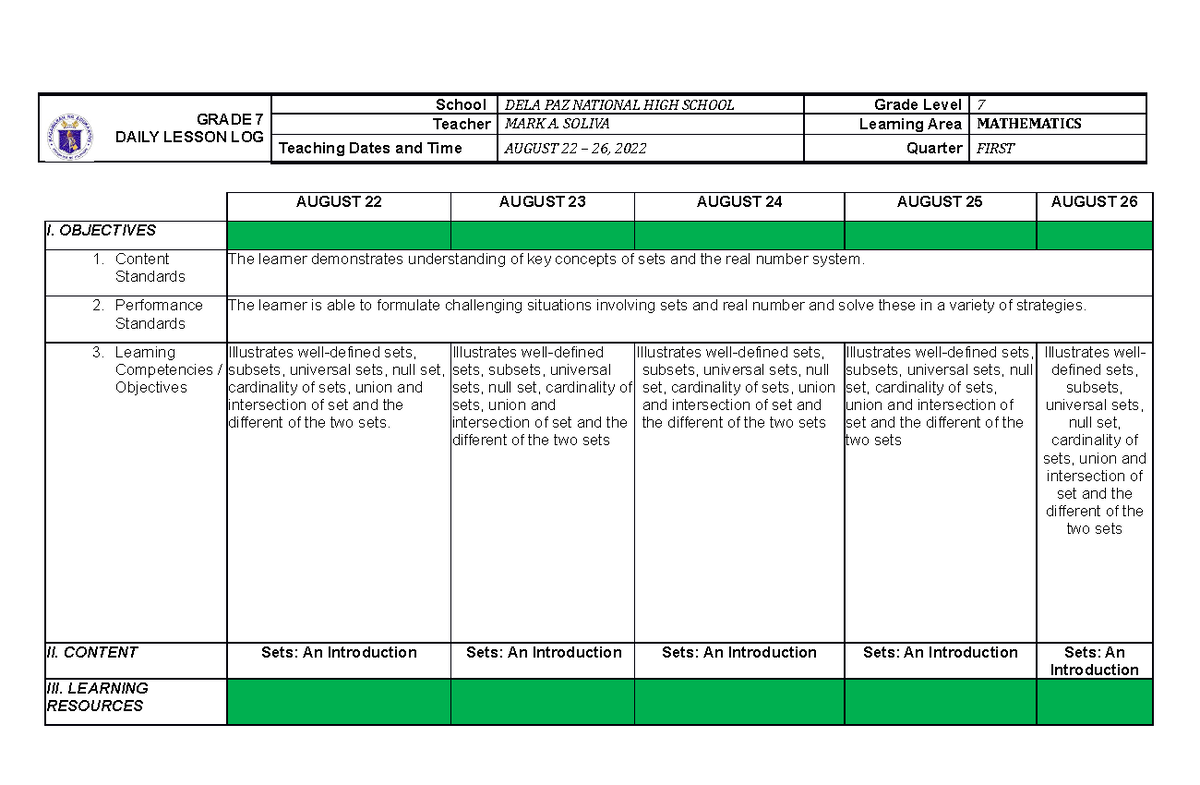 G7DLL Q1W1 MELC1 - MATHEMATICS LESSON PLAN - GRADE 7 DAILY LESSON LOG ...