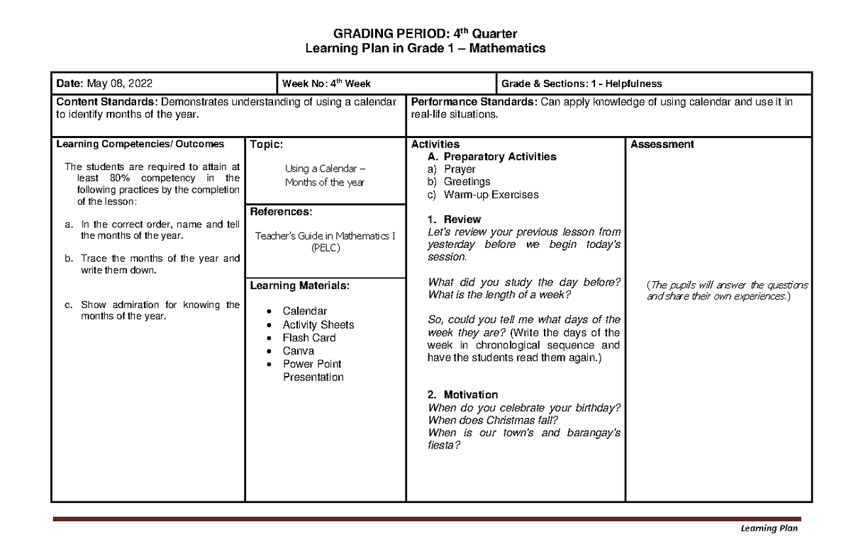 Learning Plan in Grade 1 – Mathematics - Learning Plan GRADING PERIOD ...