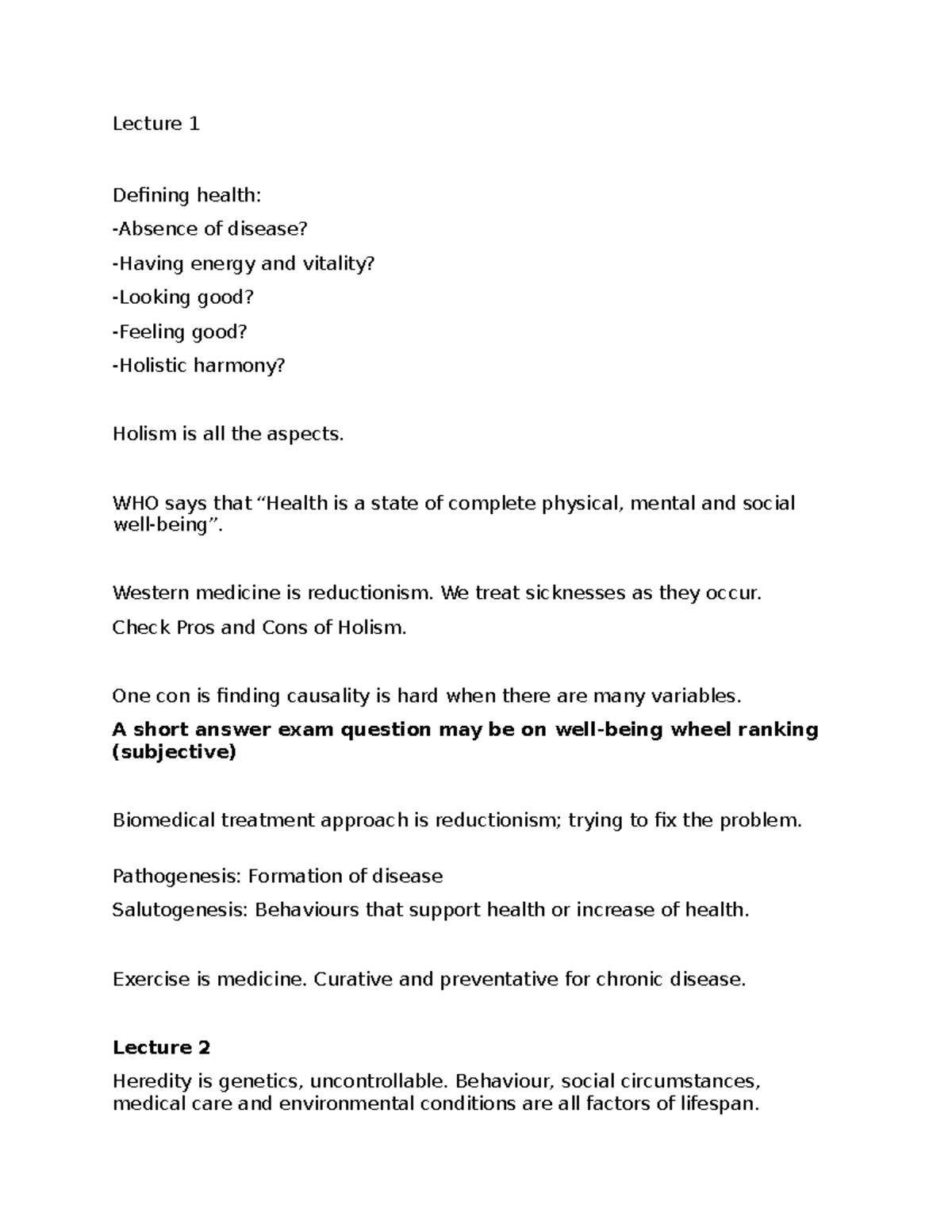 Kin Lecture Notes - Lecture 1 Defining health: -Absence of disease ...