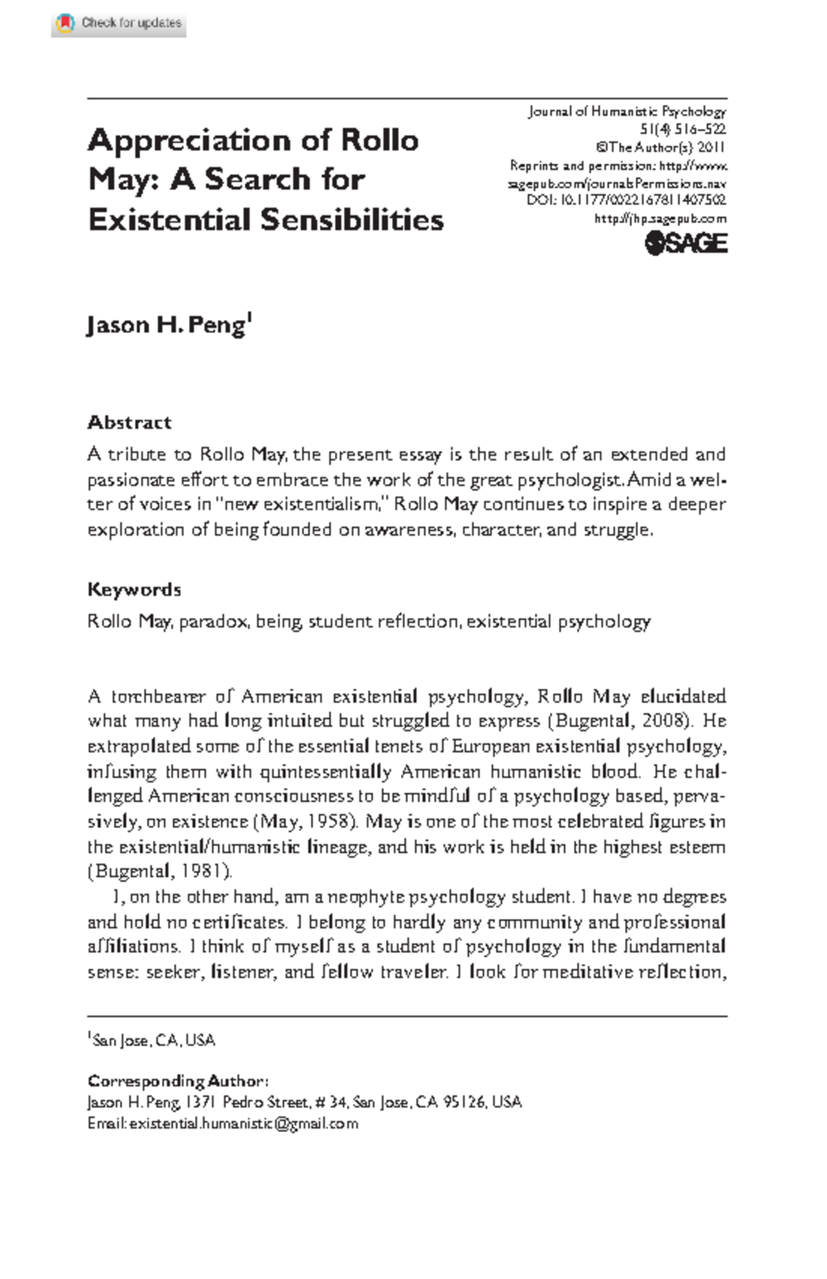 Appreciation of Rollo May - A search for Existential Sensibilities ...