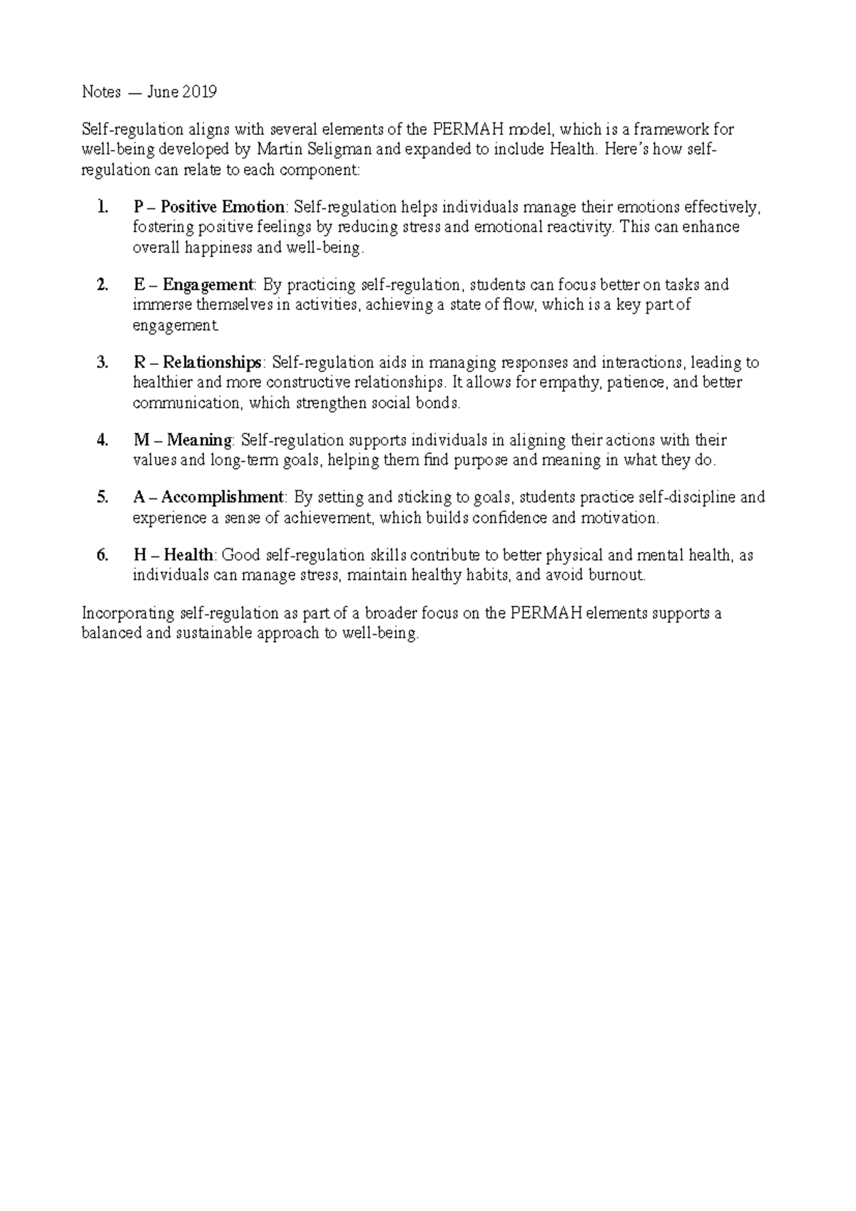 Notes class written - Notes — June 2019 Self-regulation aligns with ...