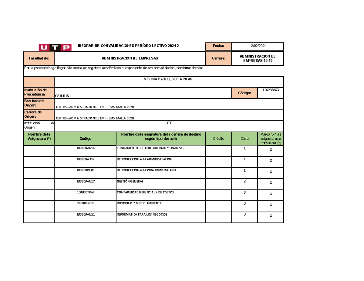 Informe DE Convalidacion UTP - 74910393 - INFORME DE CONVALIDACIONES PERÍODO LECTIVO 2024 ...