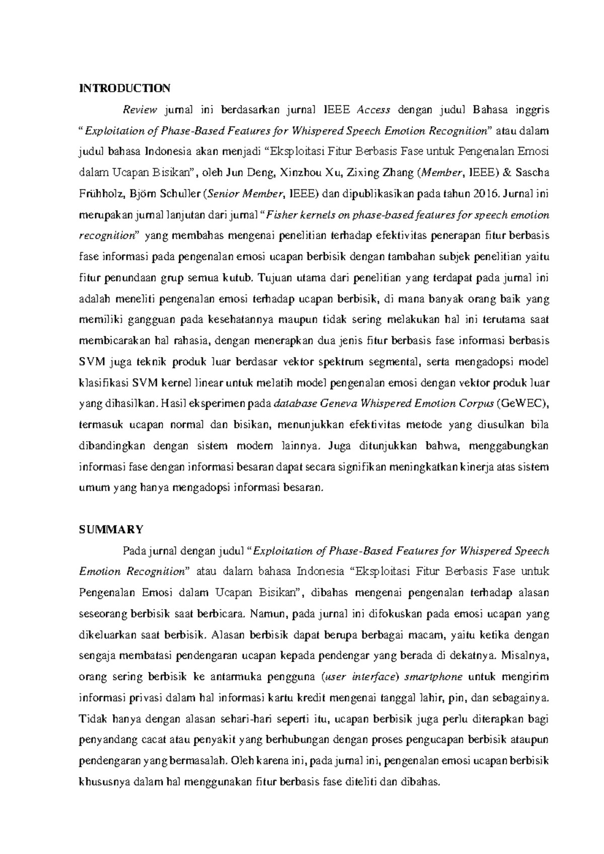 Review Jurnal Exploitation Of Phase Based Features For Whispered Speech Emotion Recognition