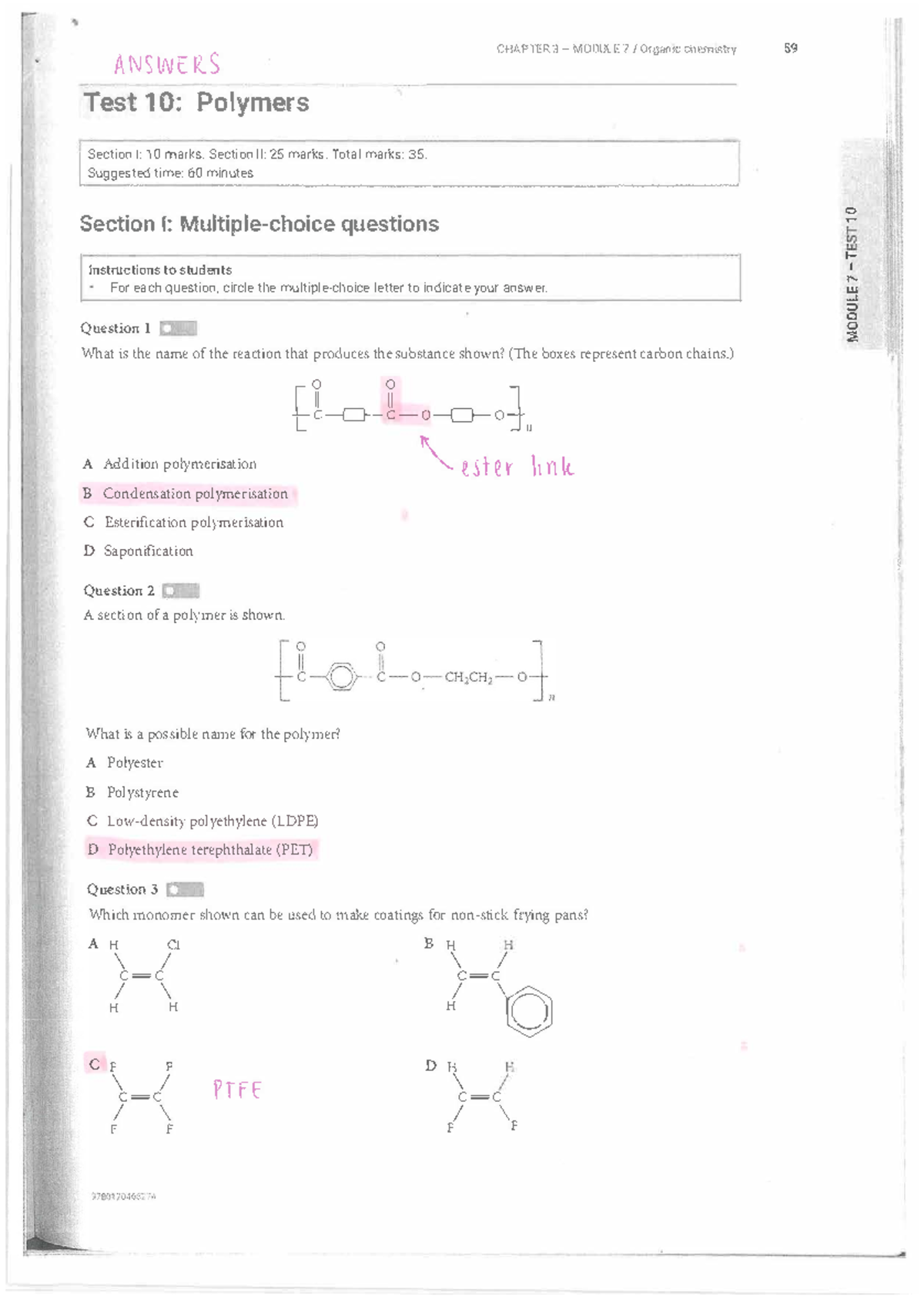 Test 10 Polymers Answers - /\NSL\IER ####### CHAPTER 3 - MODULE 7 ...