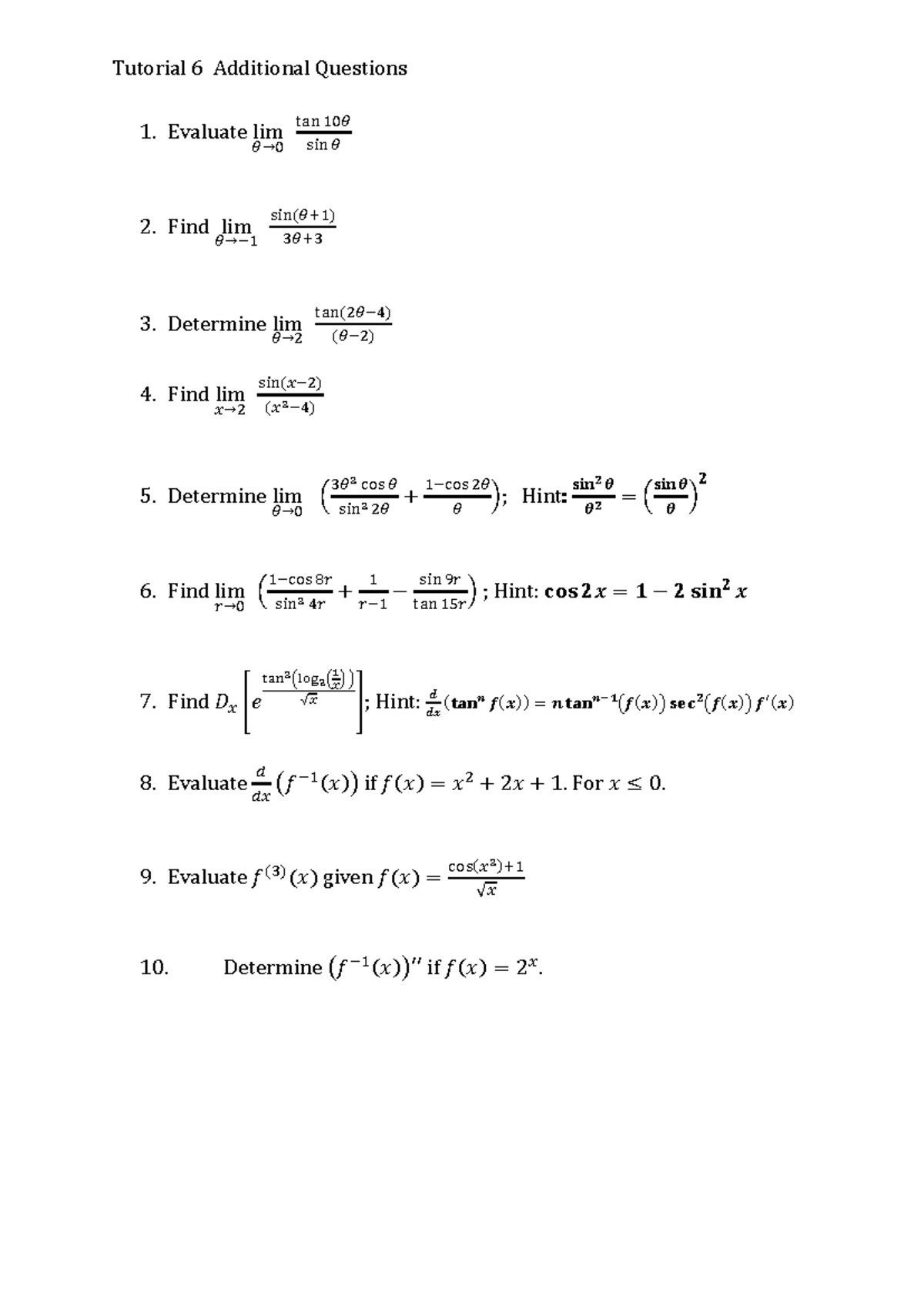 Math 150 Tut 6 Trig limits and derivatives - Tutorial 6 Additional ...