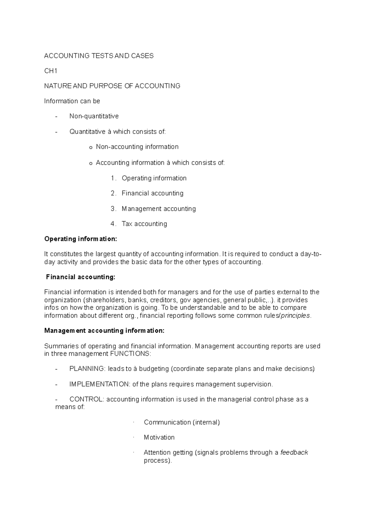Accounting Tests AND Cases - ACCOUNTING TESTS AND CASES CH NATURE AND ...