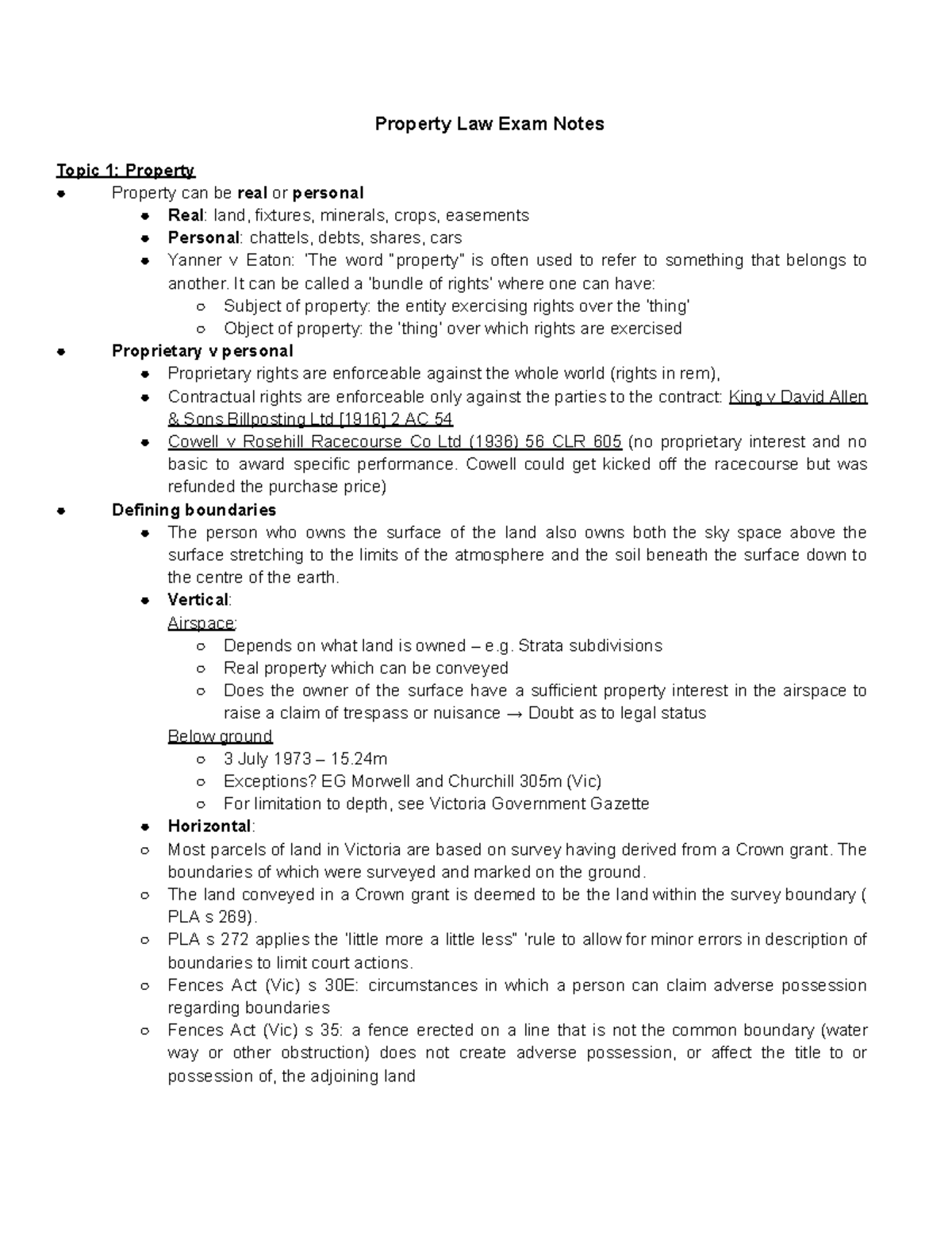 Exam notes - Property Law Exam Notes Topic 1: Property Property can be ...
