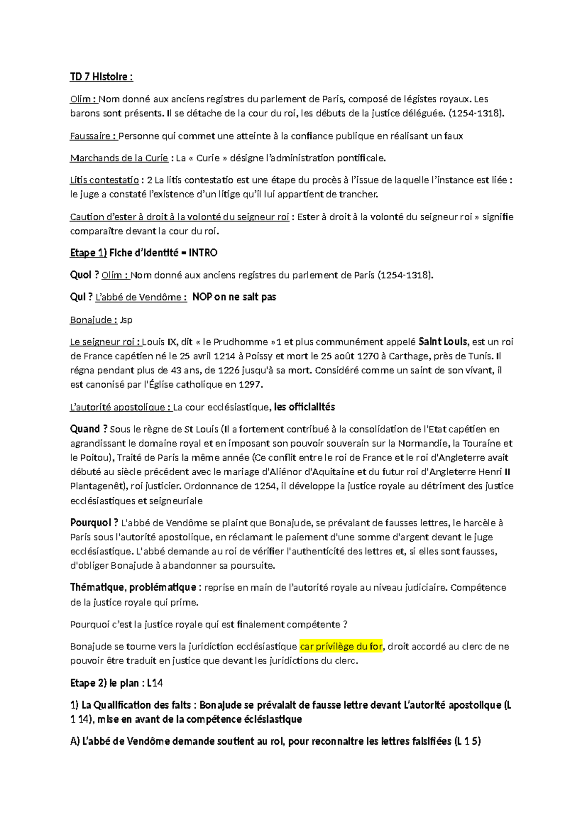 TD 7 Histoire - TD 7 Histoire : Olim : Nom donné aux anciens registres du parlement de Paris ...