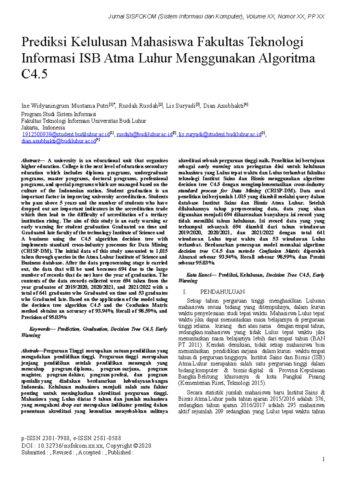 Template Jurnal Sisfokom 2020 - Prediksi Kelulusan Mahasiswa Fakultas Teknologi Informasi ISB ...