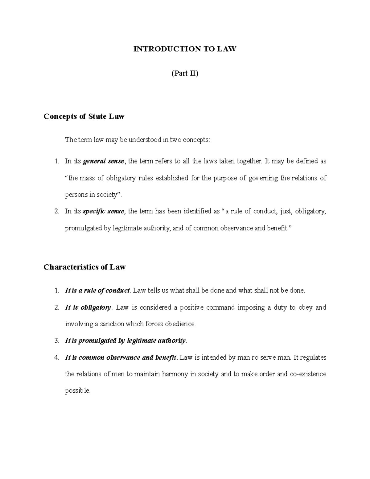 Introduction to Law (Part 2) - INTRODUCTION TO LAW (Part II) Concepts ...
