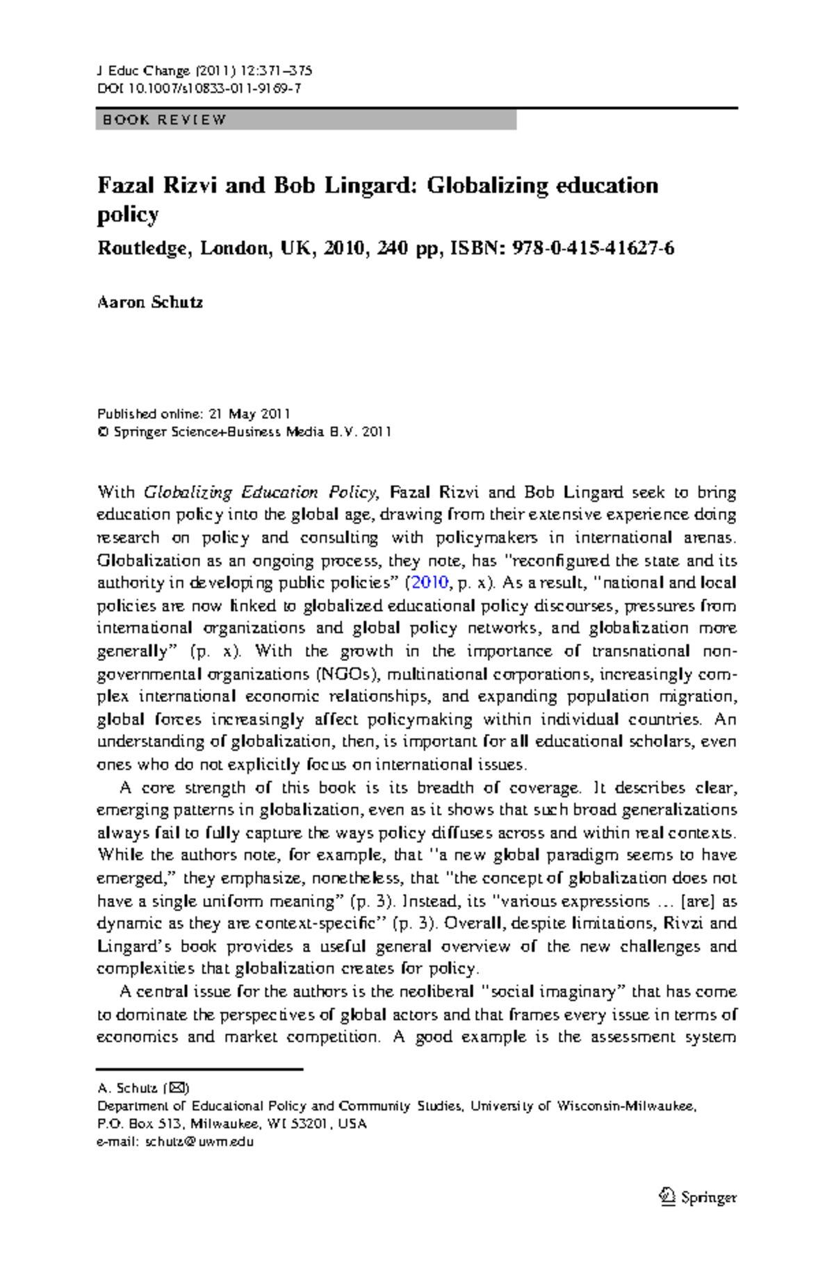 Fazal Rizvi and Bob Lingard Globalizing - 2011 With Globalizing ...