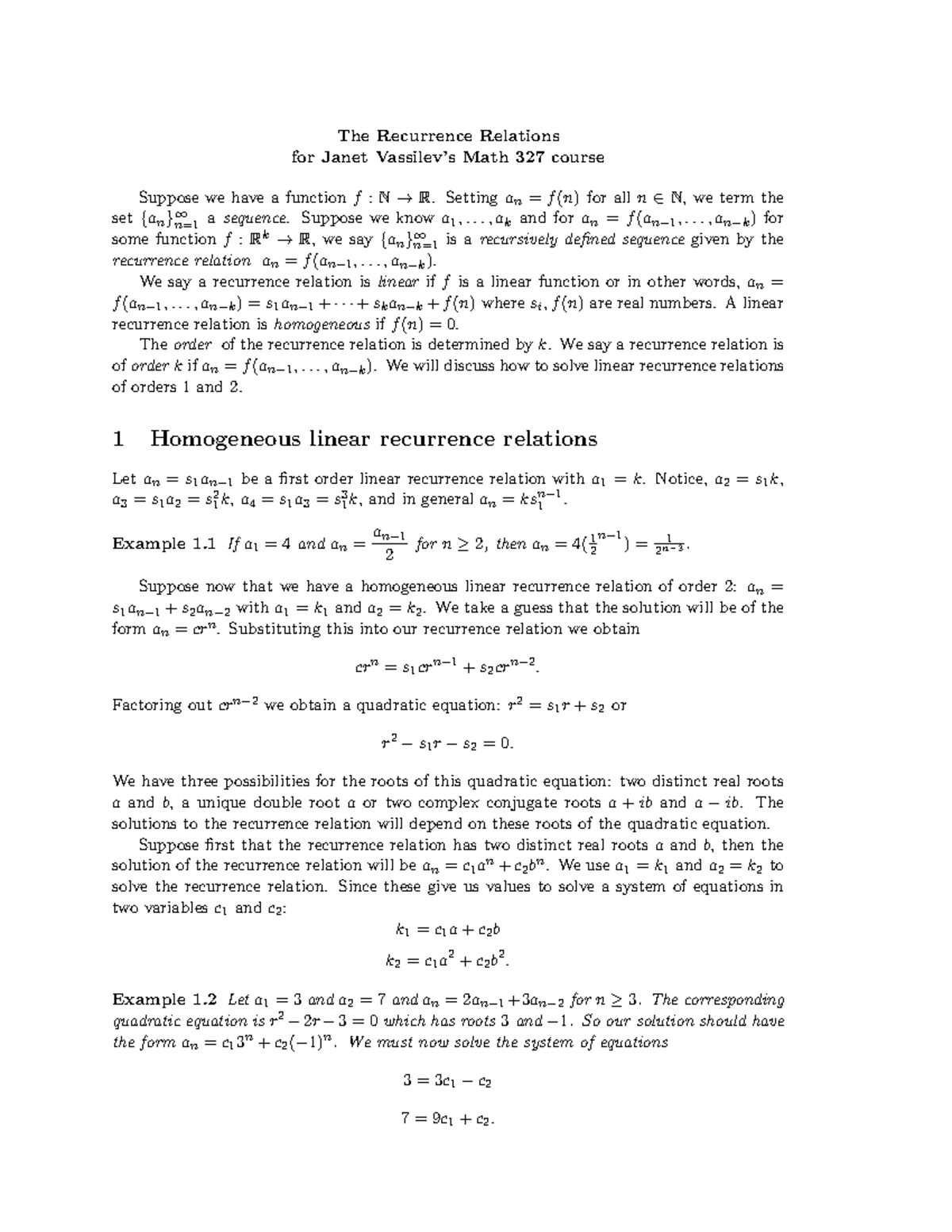 Recurrence Relations - you can use this document for your use - The Recurrence Relations for ...