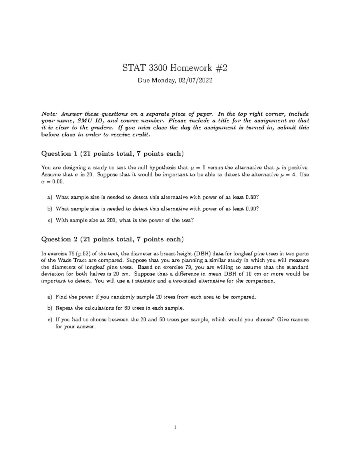 STAT 3300 Homework 2 - STAT 3300 Homework Due Monday, 02/07/ Note ...