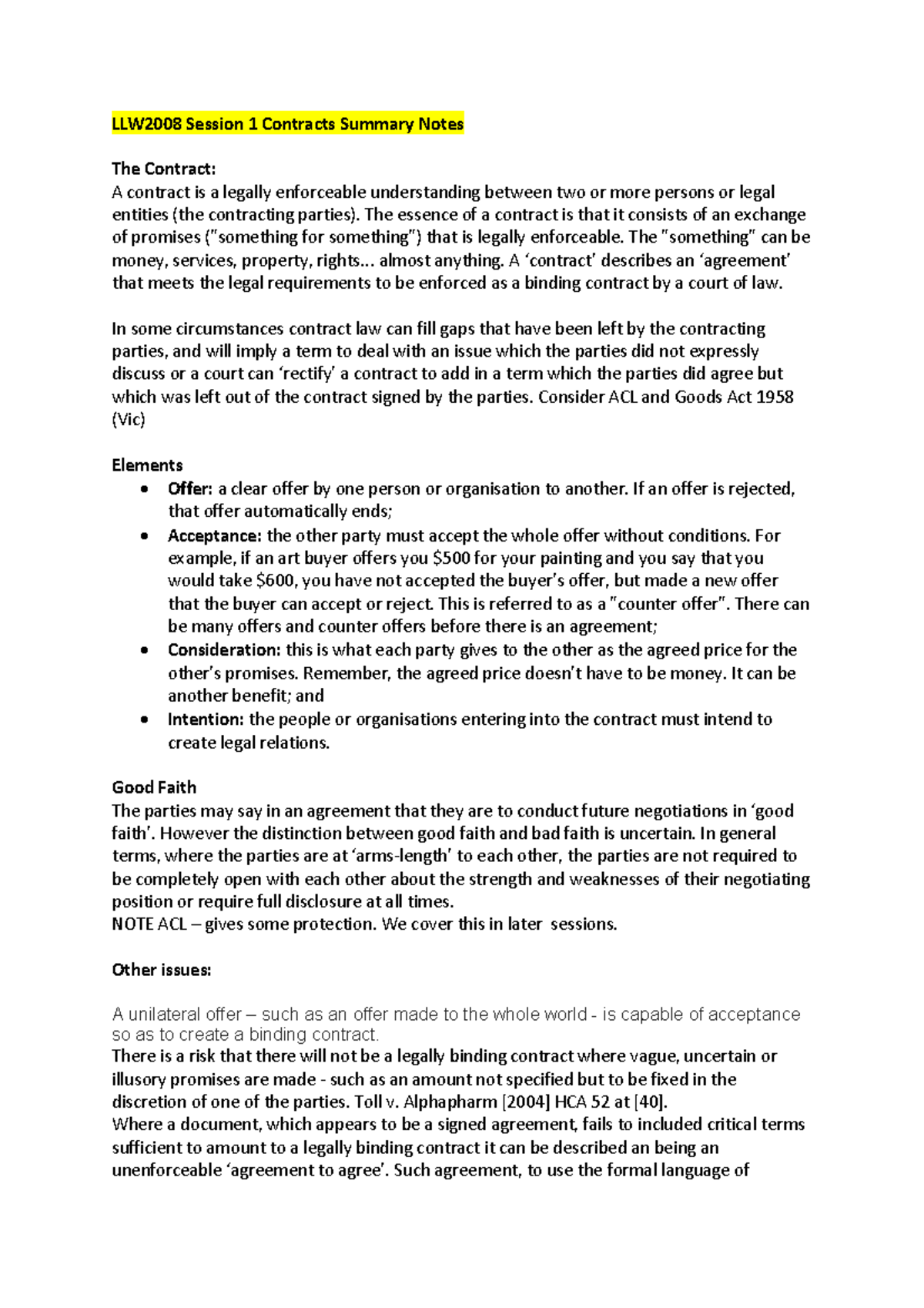 Summary Notes and Guides to Q's - LLW2008 Session 1 Contracts Summary ...