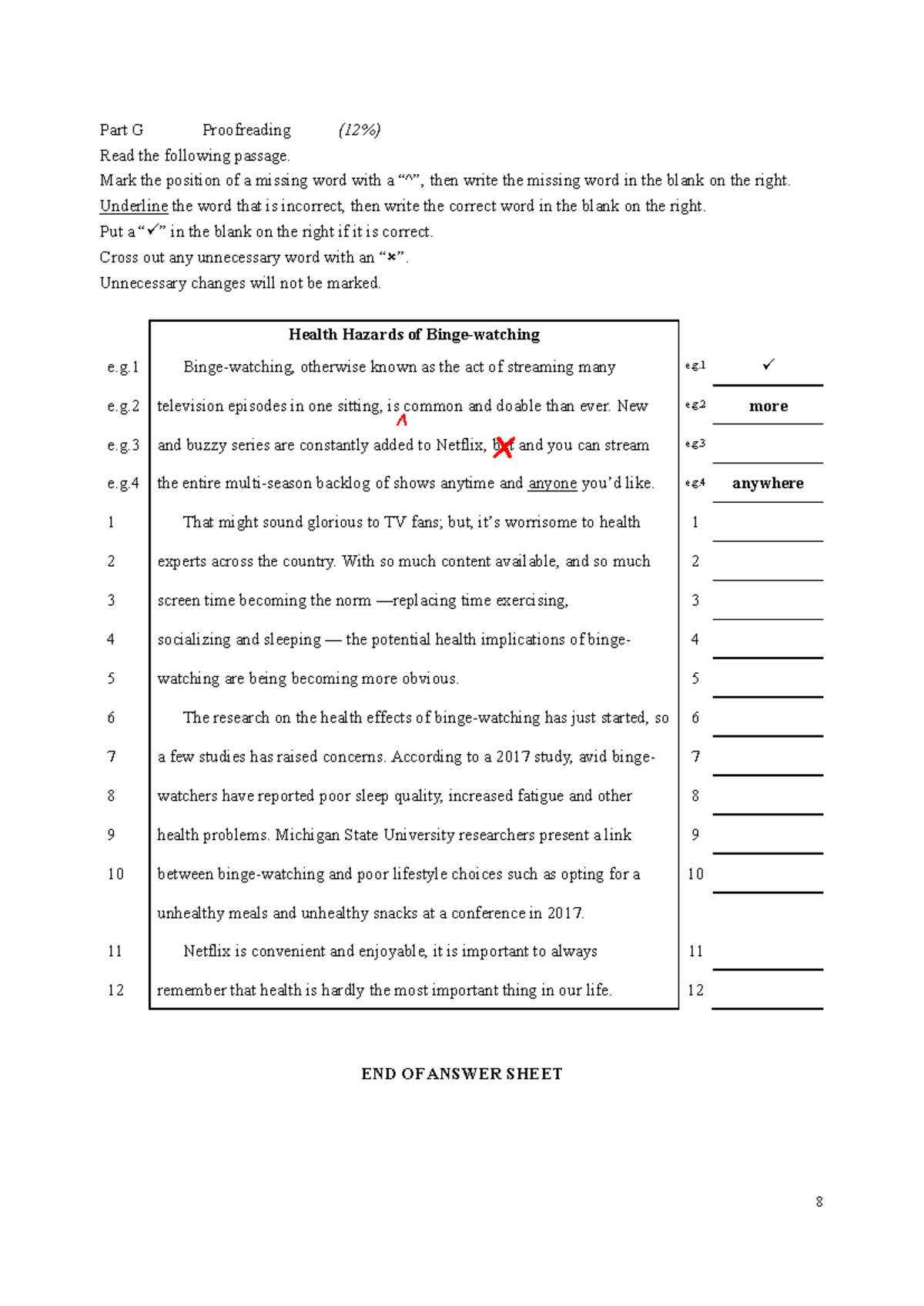 2020-21-S2 English 2 - notes - 8 Part G Proofreading (12%) Read the ...