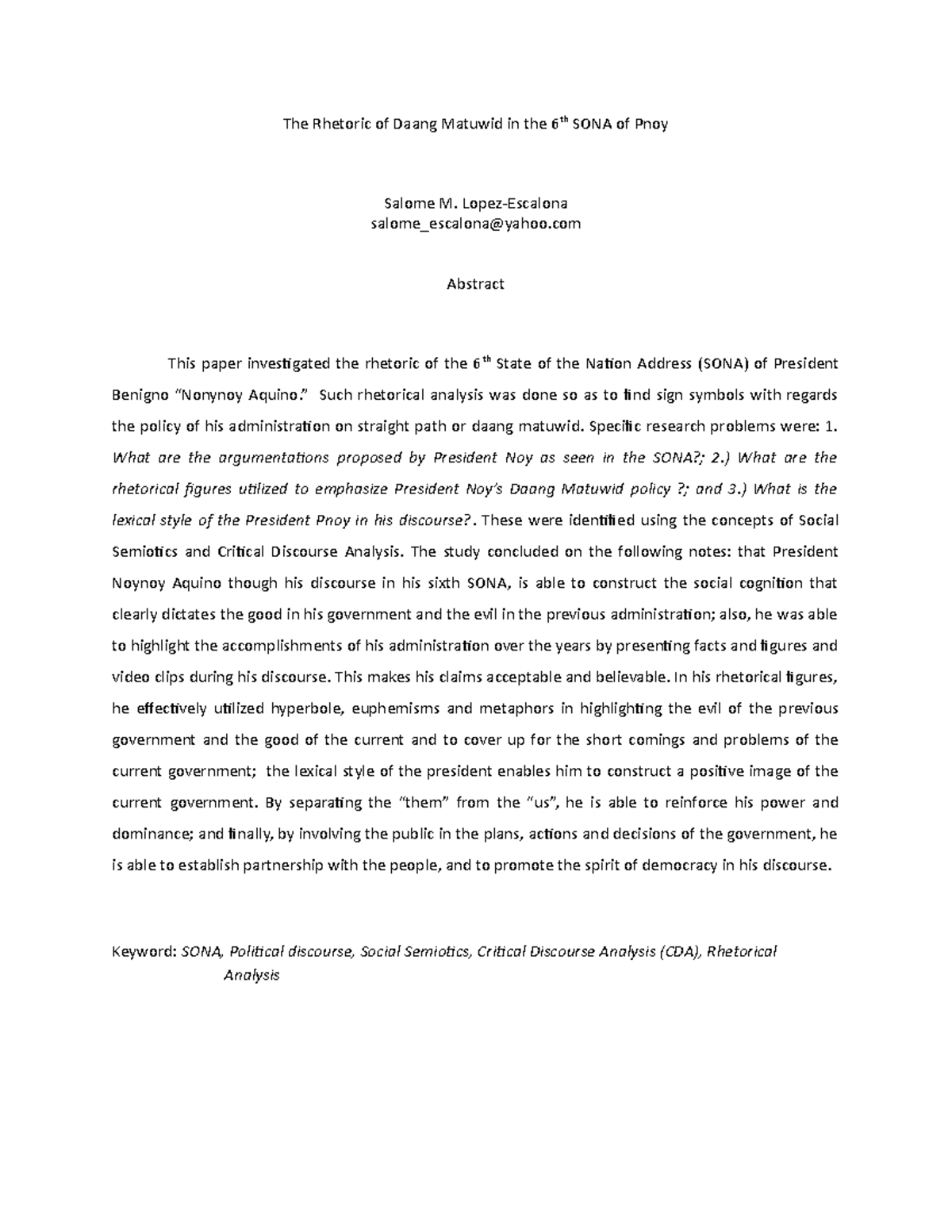 The Rhetoric of Daang Matuwid in the 6 t - Lopez-Escalona salome ...