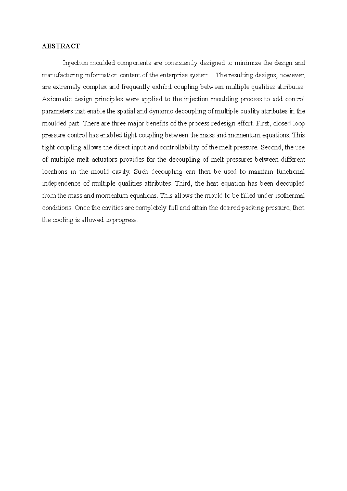 Injection molding lab report - ABSTRACT Injection moulded components ...