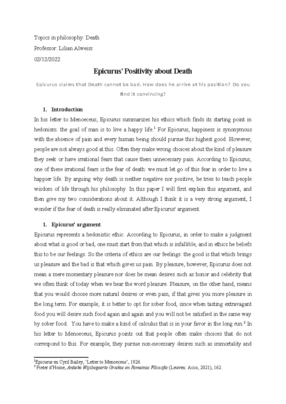 Epicurus Death - Topics in philosophy: Death Professor: Lilian Alweiss ...
