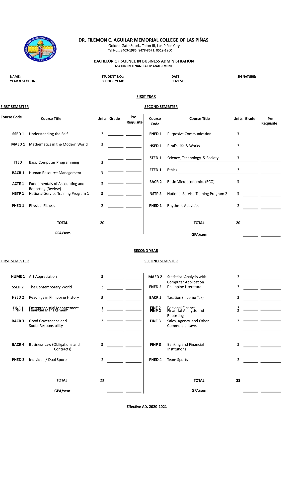 FM-Curriculum-AY2020 - NAME: YEAR & SECTION: STUDENT NO.: SCHOOL YEAR ...