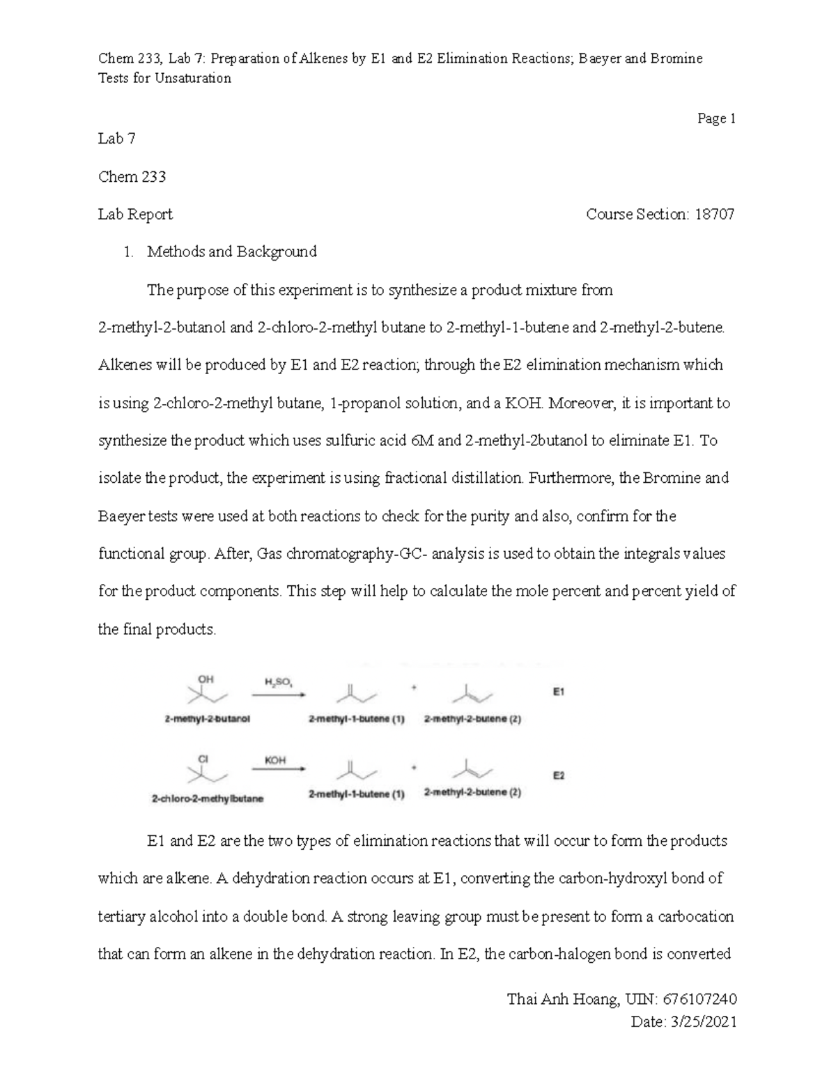 Chem 233 Lab 7 - lab 7 - Tests for Unsaturation Page 1 Lab 7 Chem 233 ...