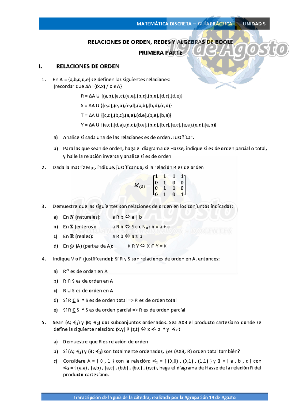 Matemática Discreta Unidad 5 1era parte Relaciones de orden resuelta - MATEM¡TICA DISCRETA ...