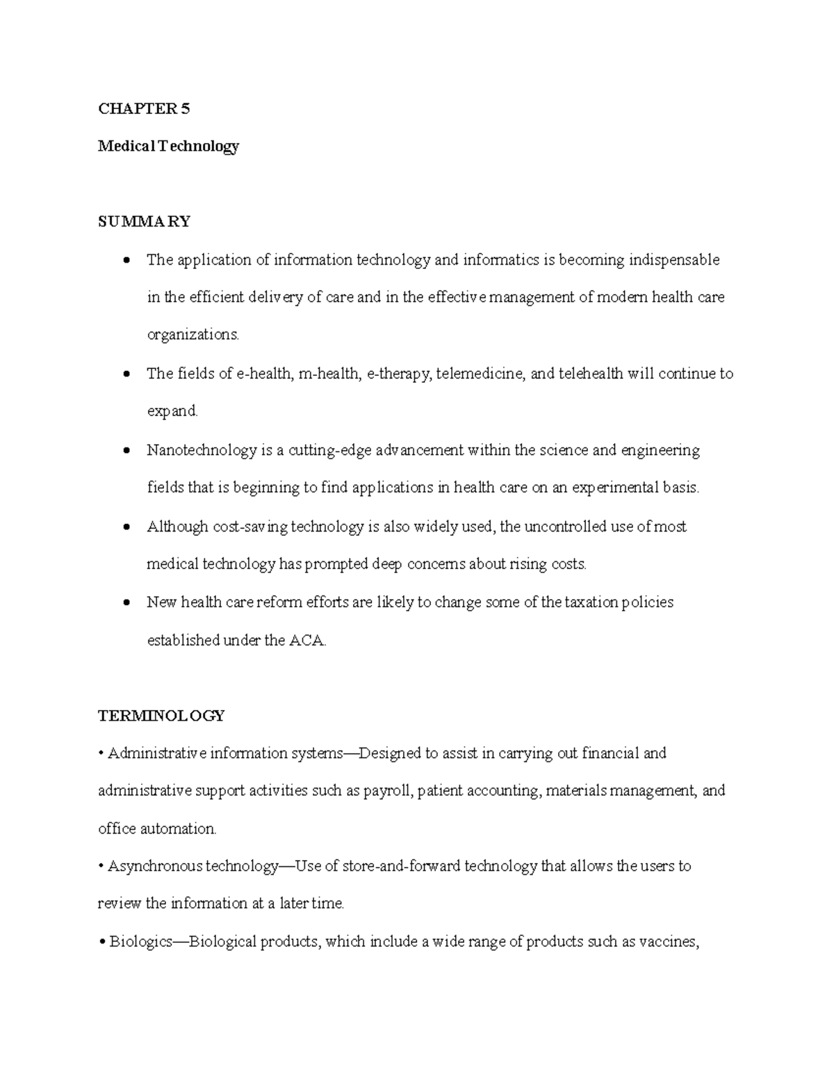 Chapter 5 summary and terms - CHAPTER 5 Medical Technology SUMMA RY ...