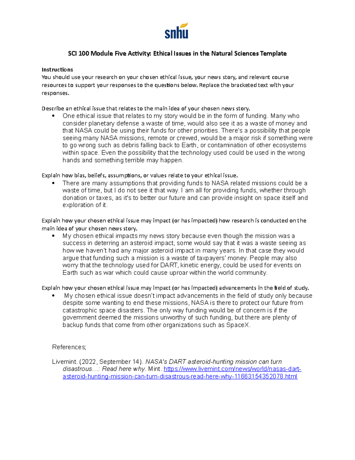 SCI 100 Module Five Activity Template - SCI 100 Module Five Activity: Ethical Issues in the ...