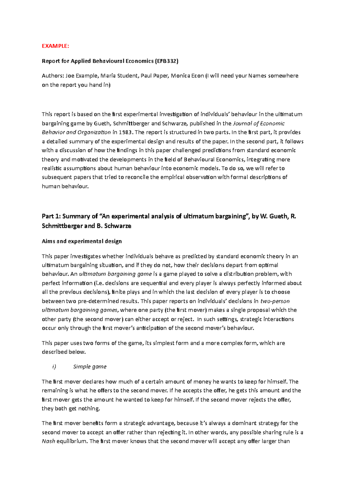Example Report Ultimatum bargaining game, Gueth et al 1983, EFB332 ...