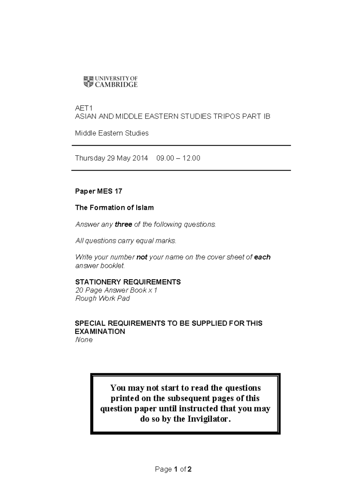 Exam 2014, questions - AET1 ASIAN AND MIDDLE EASTERN STUDIES TRIPOS ...