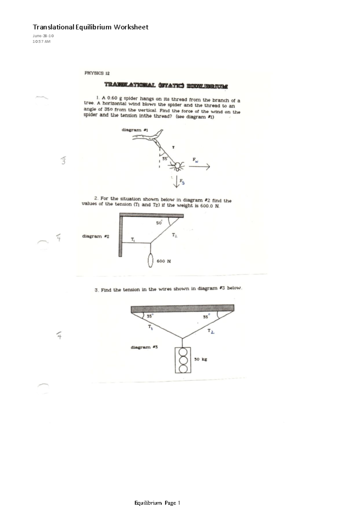 Static Equilibrium Worksheet Problems - CHC30121 - Translational ...