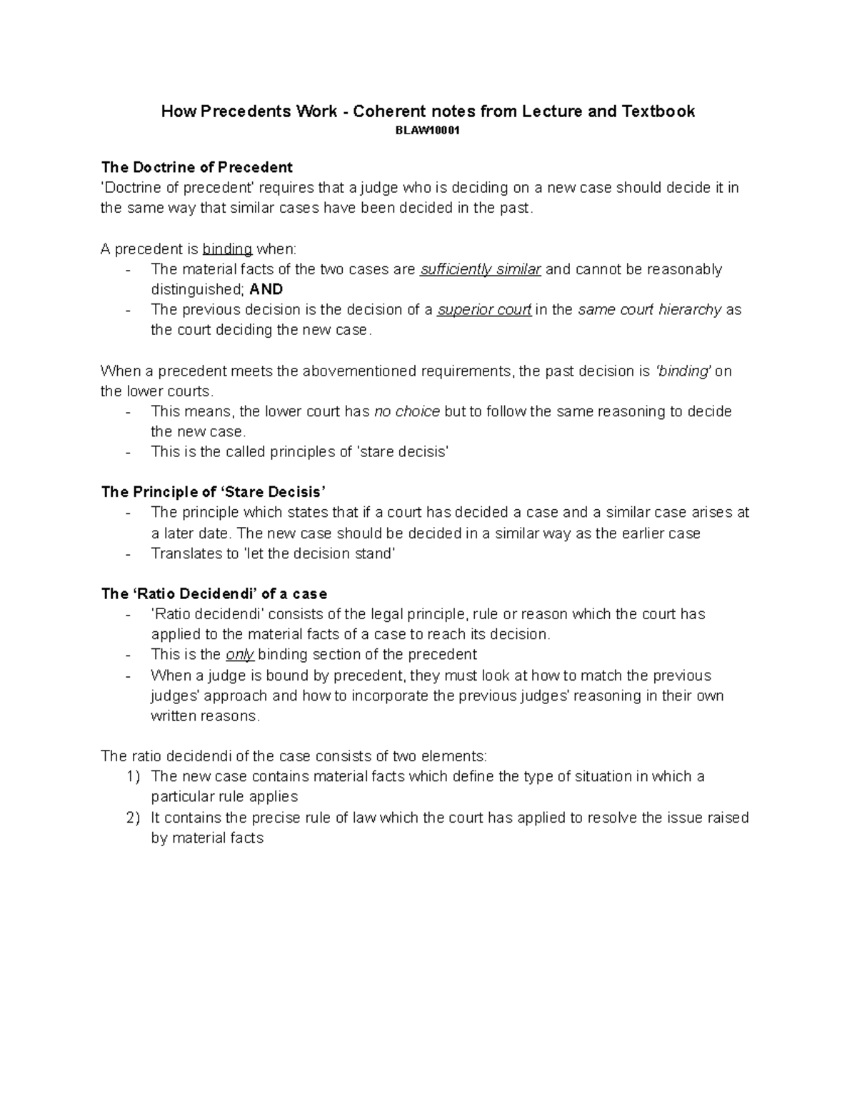Precedent Summary - How Precedents Work - Coherent notes from Lecture ...