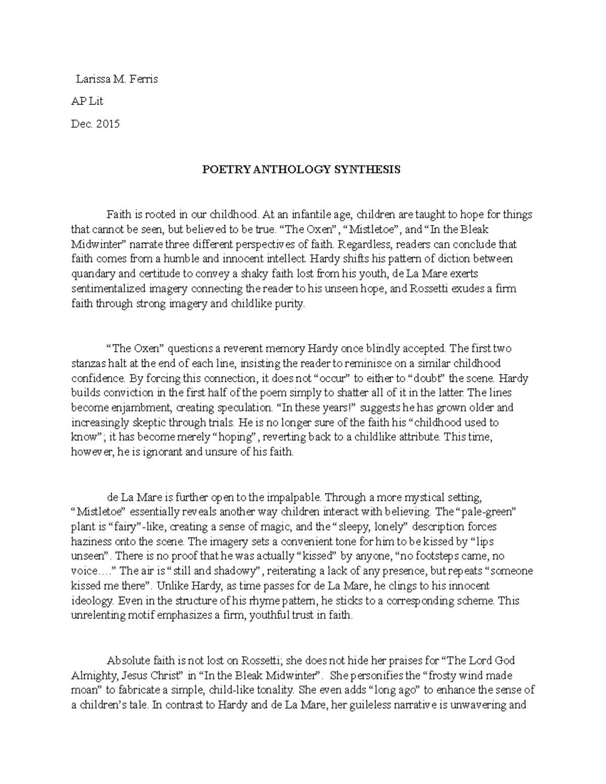 Poetry Anthology Synthesis - Larissa M. Ferris AP Lit Dec. 2015 POETRY ...
